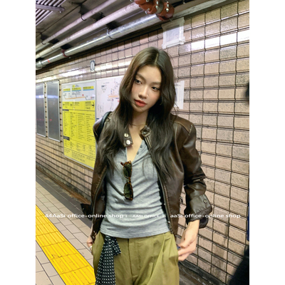 44AaSi 东京故事 擦色腔调复古棕色皮衣夹克机车短款外套上衣