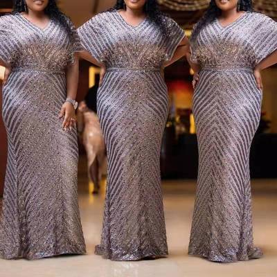 Plus Size Sequin Striped Dress Party Evening V Neck Dress
