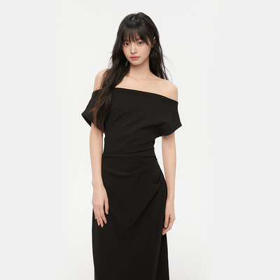 Pink ers联名款纯欲包臀收腰一字肩长裙黑色高级感显瘦连衣裙