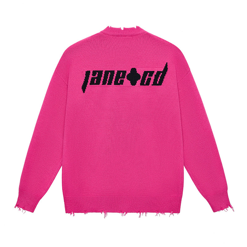 JC/Jane cd背面提花圆领针织衫男冬季美式高街潮牌慵懒风破坏毛衣_虎窝淘