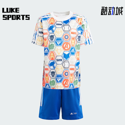 Adidas/阿迪达斯正品夏季小童透气复古圆领短袖短裤套装IN7290