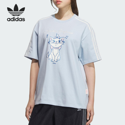 Adidas/阿迪达斯官方正品三叶草女士宽松圆领小猫图案短袖KC3098