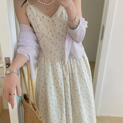 甜甜轻奢复古百搭后打揽超显瘦拼蕾丝碎花吊带连衣裙XHL25411