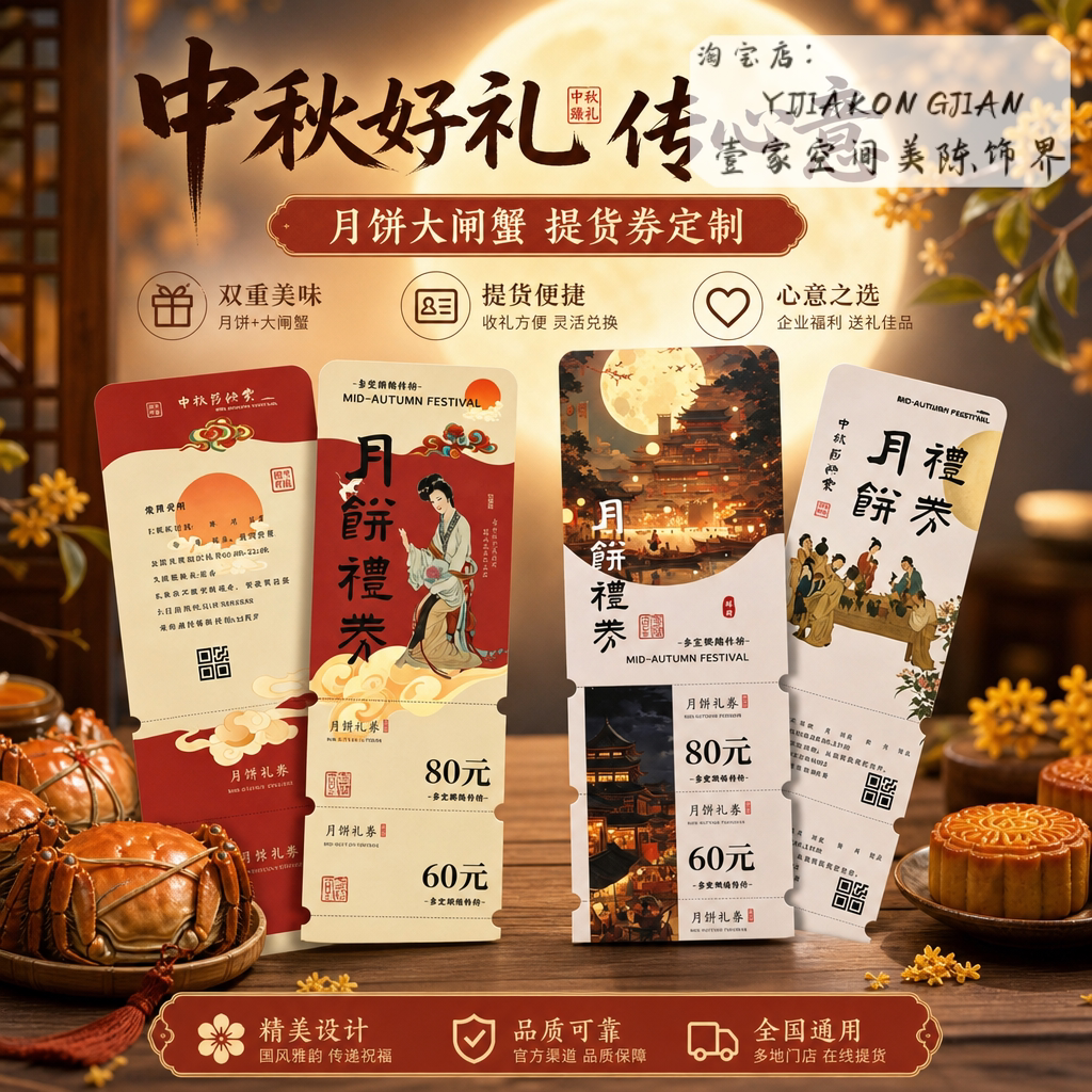 2026中秋大闸蟹月饼提货券定制高档礼品卡企业伴手礼代金券印副券