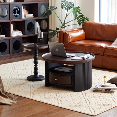 半岛空间法式复古实木圆形茶几组合客厅中古茶桌小户型家用小茶台