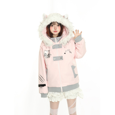 原创甜酷猫咪刺绣重磅派克服女潮