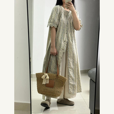 设计感棉麻复古碎花系带连衣裙夏