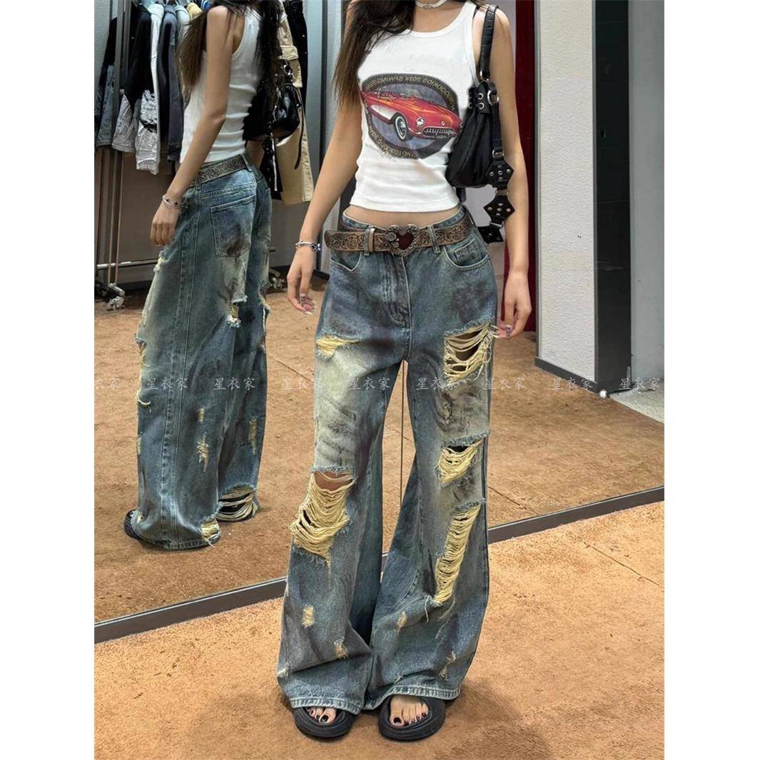 欧美高街设计感破洞牛仔裤子女慵懒风夏季薄款复古做旧脏染拖地裤