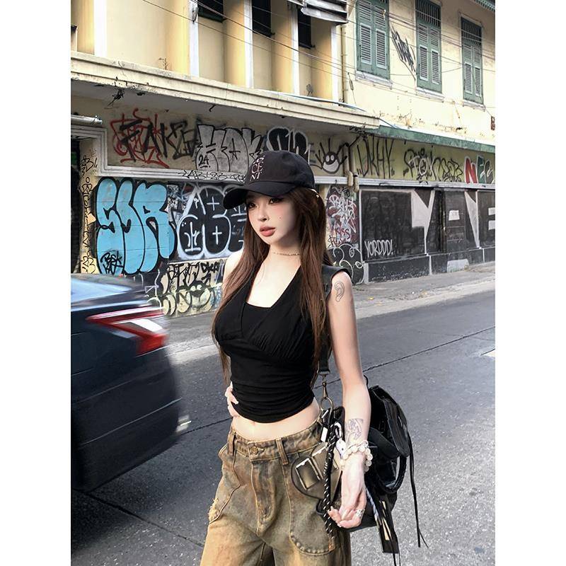 Suuuicee 美背狙击 挂脖绑带设计性感露背吊带修身无袖纯欲短上衣
