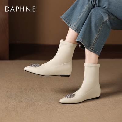 达芙妮短靴白色尖头内增高瘦瘦靴