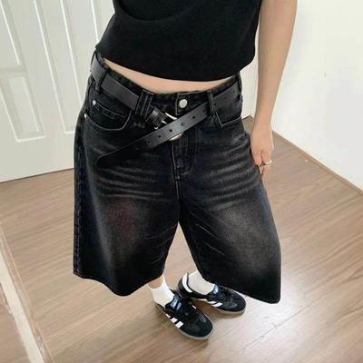 Women Black Y2k Style Baggy Denim Shorts Wide Leg Short Pant