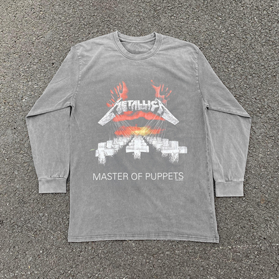 Master Of Puppets金属乐队专辑美式vintage重磅水洗做旧长袖T恤