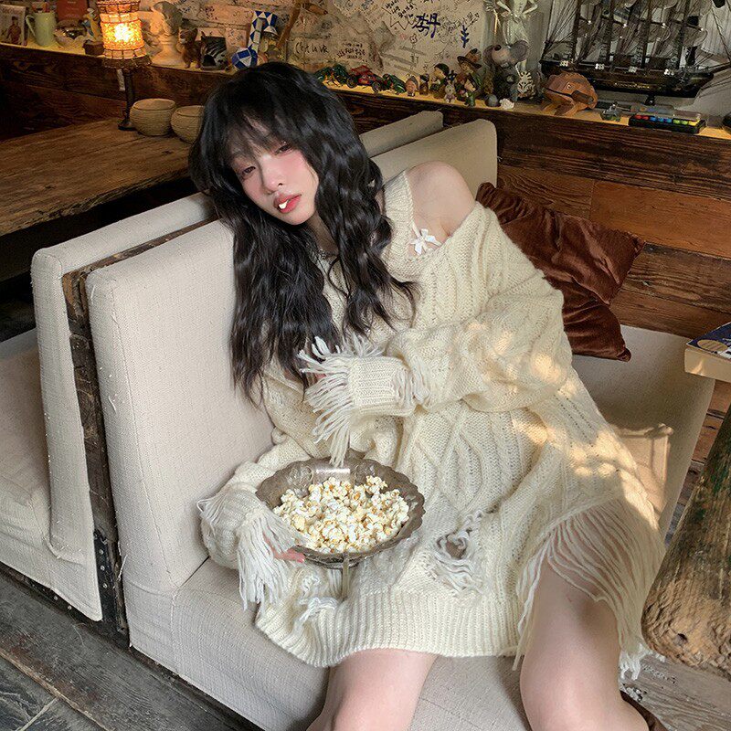 FunnJ方几慵懒欲系乖妹设计感小众破洞露肩毛衣女宽松针织上衣_虎窝淘