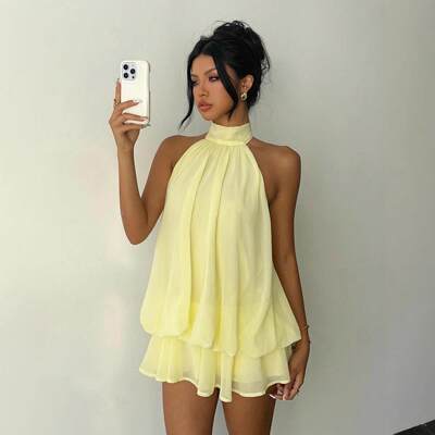Hanging neck and waist top fluffy short skirt dress women