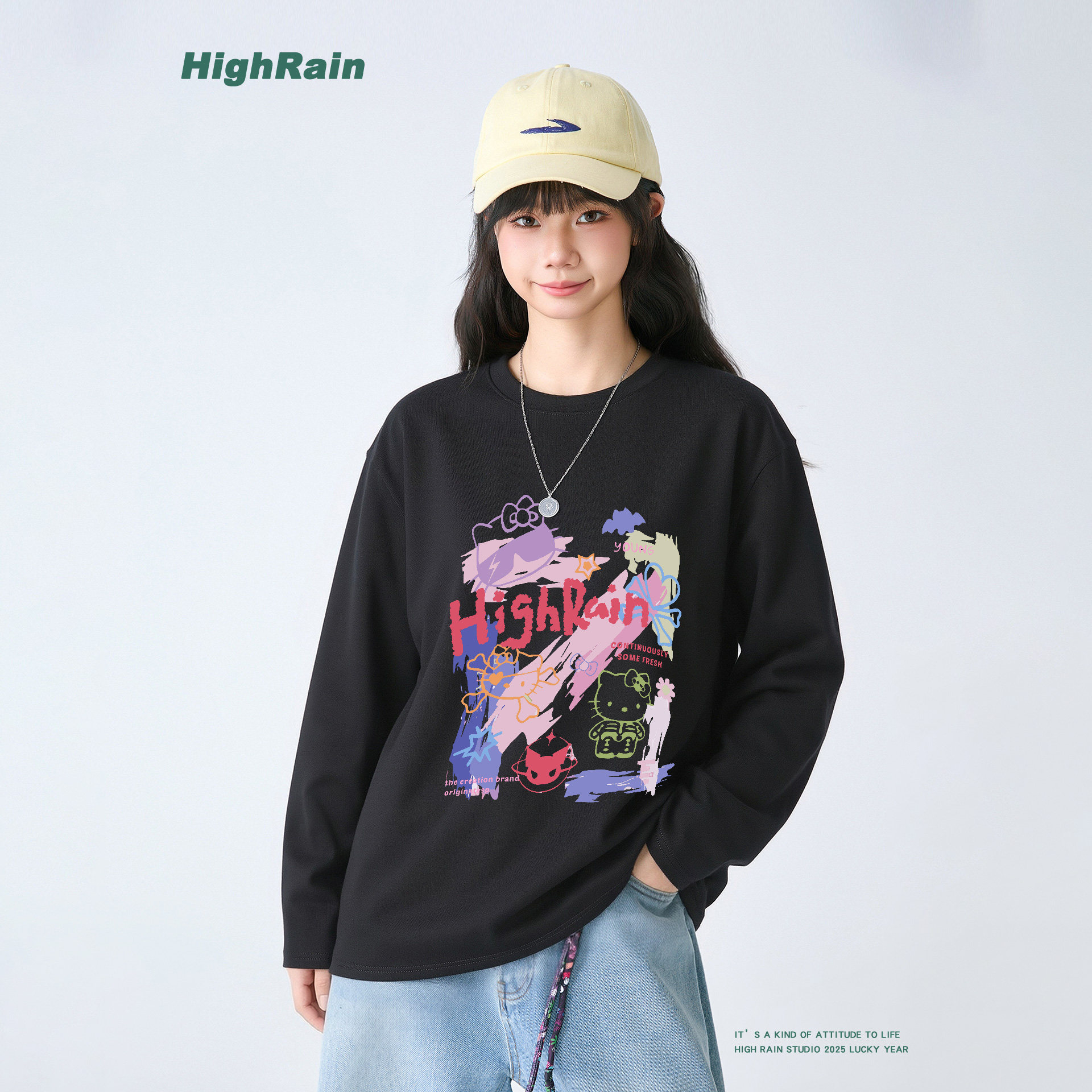 HighRain黑色卫衣女2026春秋新款宽松原宿风HelloKitty涂鸦印花长