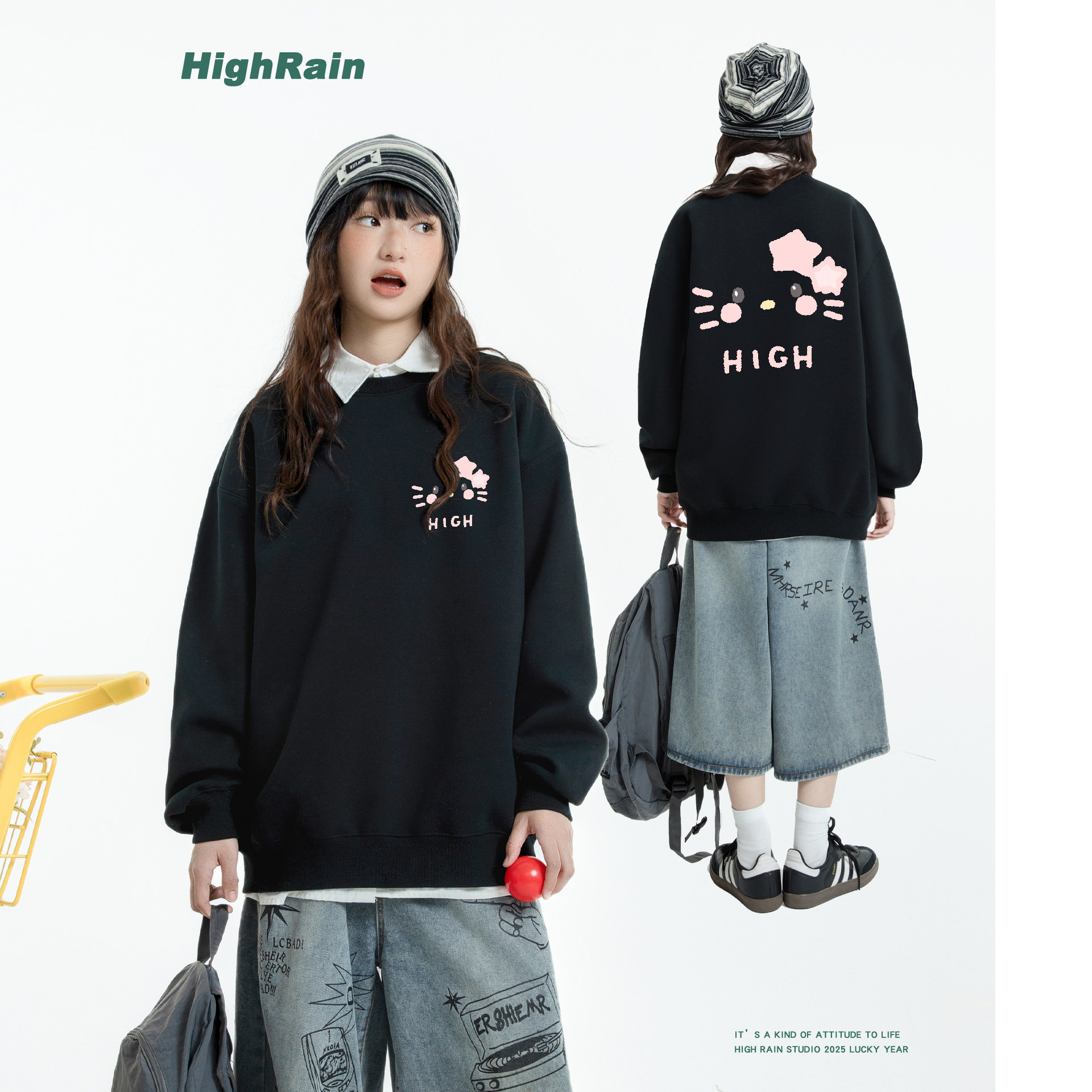 HighRain日系黑色卡通猫咪卫衣男女秋季宽松慵懒风可爱松弛感上衣