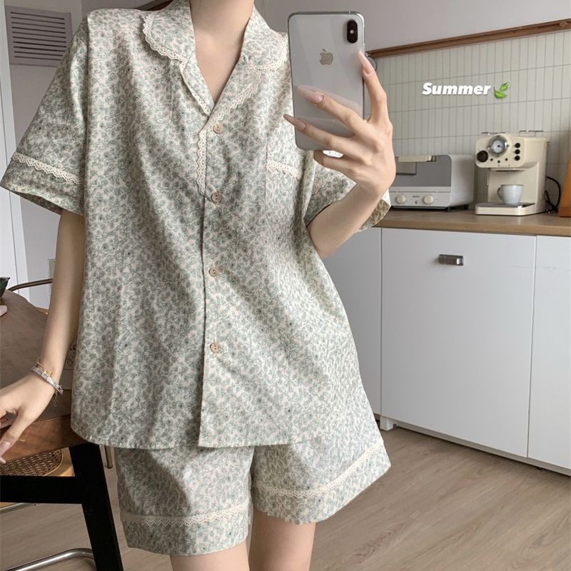 小清新碎花睡衣女夏季新款蕾丝边短袖开衫韩版甜美薄款家居服套装