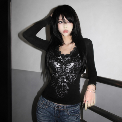 复古蝴蝶印花长袖T恤女