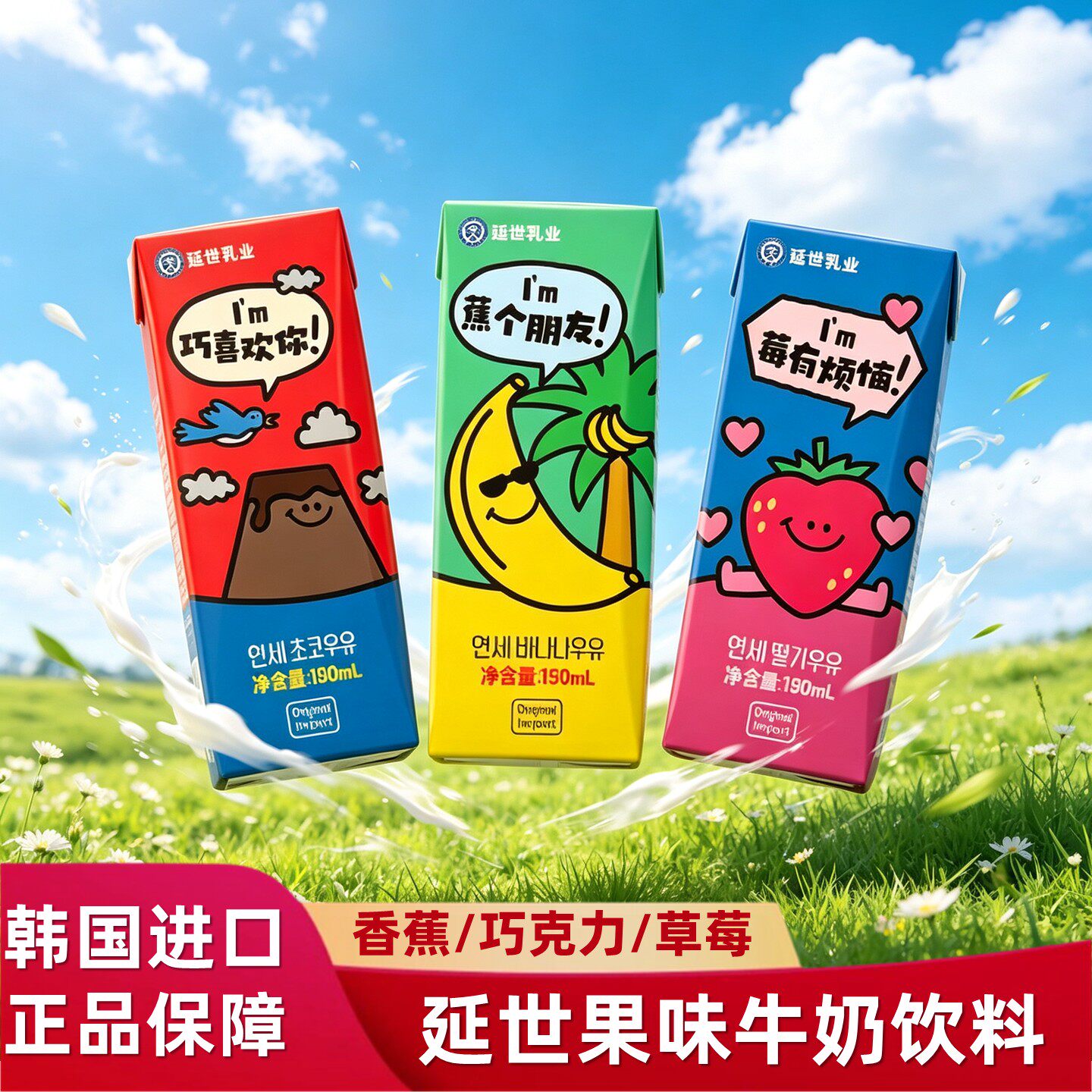 韩国进口延世香蕉牛奶190ml盒装含乳饮料巧克力草莓味儿童早餐奶
