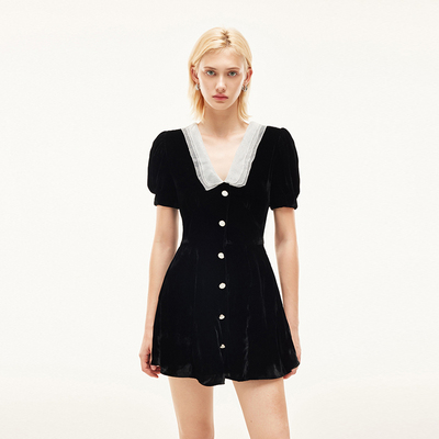 Azepam法式法式新丝绒纱领连衣裙