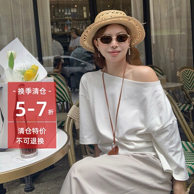 333sss黑色白色显瘦一字肩斜肩短袖T恤女宽松休闲短款显瘦上衣