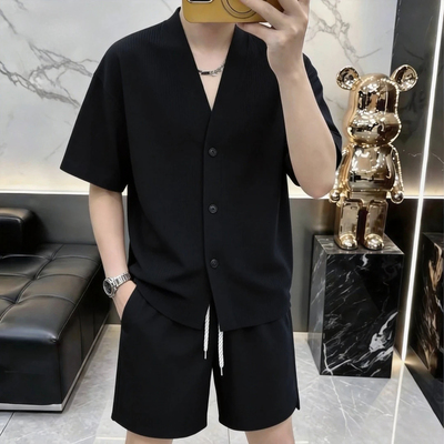 高档夏季新款男士潮流纯色V领短袖套装衬衫时尚纹理帅气男装Q7795