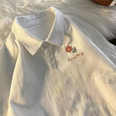 女童100%纯棉宽松长袖t恤polo衫中大儿童春秋设计感日系翻领上衣