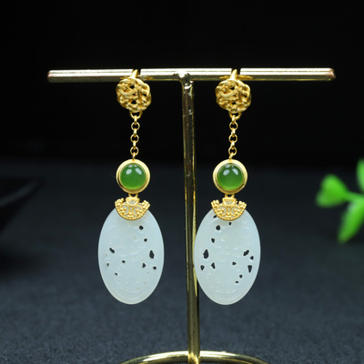 s925银镶新疆和田玉羊脂白玉蛋形镂空耳坠耳钉女简约时尚耳饰