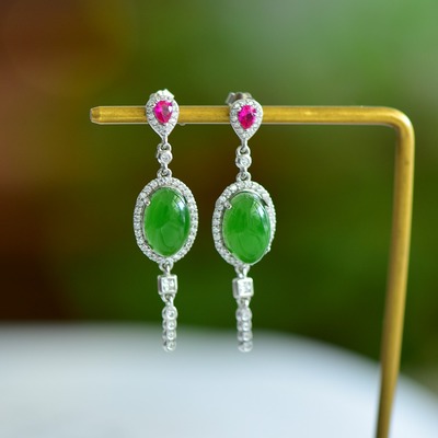 s925银镶新疆和田玉碧玉高冰种绿色蛋形耳坠耳钉简约时尚耳饰