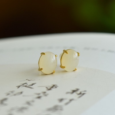 s925银镶新疆和田玉白玉蛋形耳钉耳坠简约流行百搭女款耳饰品
