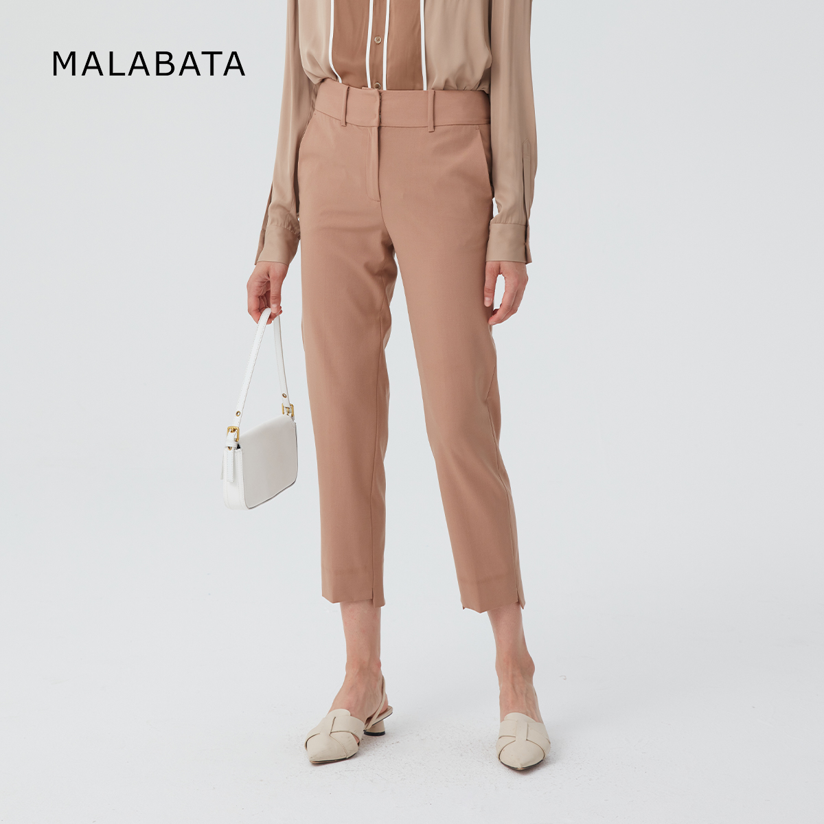 MALABATA休闲裤女2023夏薄款时尚设计感九分裤简约纯色高腰直筒裤_虎窝淘