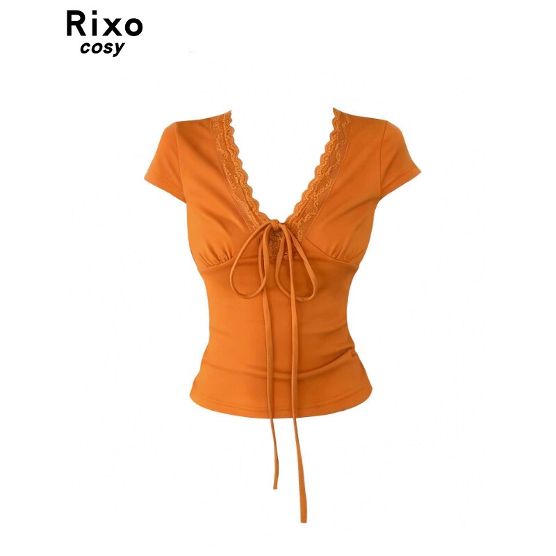 Rixo Cosy韩系V领蕾丝拼接绑带正肩短袖t恤女韩系修身显瘦小上衣