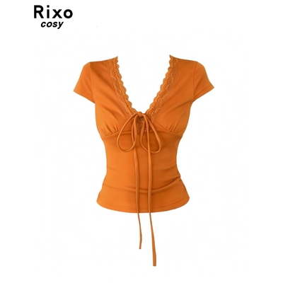 Rixo Cosy韩系V领蕾丝拼接绑带正肩短袖t恤女韩系修身显瘦小上衣
