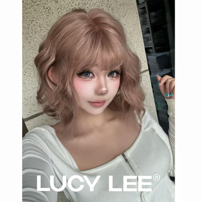 LUCYLEE【免修剪-日杂泡泡】精修齐刘海短款水波卷粉金色假发