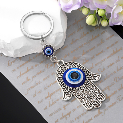 Vintage Blue Evil Eye Hamsa Hand Keychain Keyring For Women