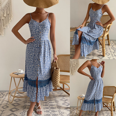 suspender print dress panelled skirt吊带印花连衣裙拼接裙子女