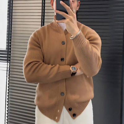 2025秋冬新款沙驼色针织衫外套立领纯色开衫简约潮牌气质男士毛衣