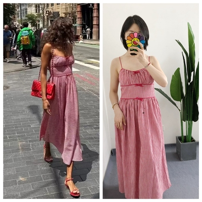 原标 买手店doen 复古蝴蝶结红白细格纹高腰显瘦连衣裙吊带裙