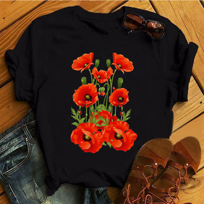 Red Poppy Women T Shirt Casual Funny Tshirts Kawaii Tees Top