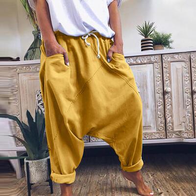 Women Casual Drawstring Pockets Drop Crotch Baggy Long Trous