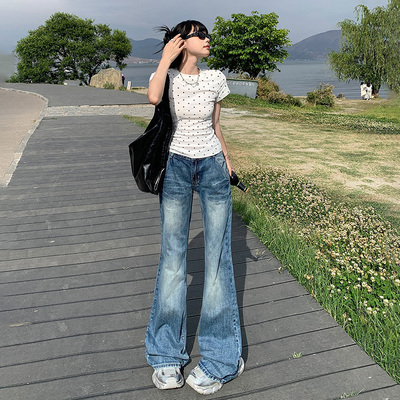 RJVO美式复古蓝做旧牛仔裤女