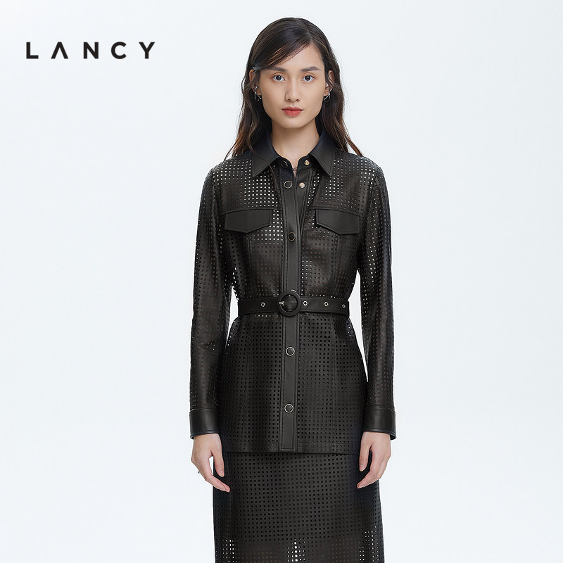 LANCY朗姿女装[波点游戏]22春夏新款显款绵羊皮衣外套衬衫领_虎窝淘
