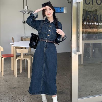 港味穿搭牛仔连衣裙女春秋季新款小众气质中长款收腰衬衣连体裙子