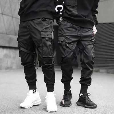Men Block Black Pocket Cargo Pants Joggers Sweatpant Hip Hop