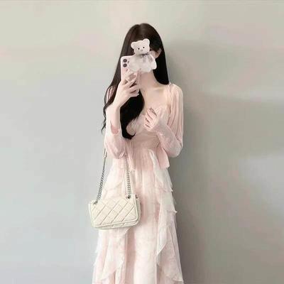 FAshi 2025年春季新款减龄粉色温柔风法式荷叶边仙女长裙开衫套装