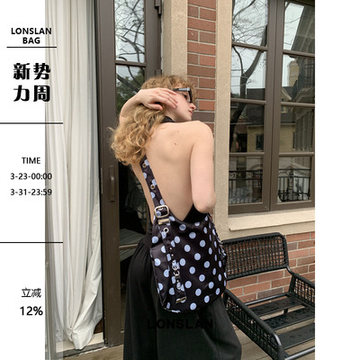 Lonslan BAG 2026春夏韩系波点缎面尼龙料单肩斜挎包包休闲包