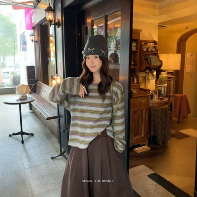 SUSAN 条纹！复古杂色混纺松弛感显瘦加厚磨毛条纹长袖T恤