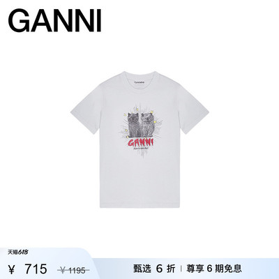 【甄选折扣】GANNI女装 趣味猫咪印花T恤白色休闲短袖衫 T4165628