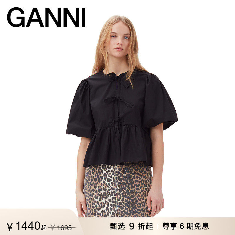 【甄选折扣】GANNI女装 黑色系带领结棉府绸衬衫夏上衣 F7364099