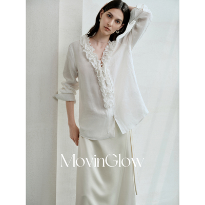 MovinGlow｜缪斯女郎 法国进口高端精梳亚麻 双层花边V领飘带衬衫